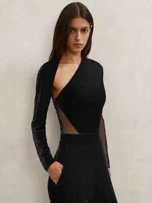 REISS Velvet Sheer-panel Wide-leg Jumpsuit - Black