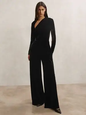 REISS Velvet Sheer-panel Wide-leg Jumpsuit