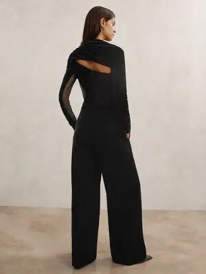 REISS Velvet Sheer-panel Wide-leg Jumpsuit
