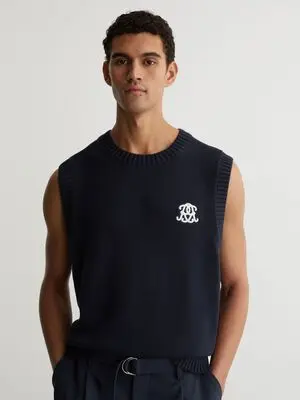 REISS Monogram Embroidered Relaxed Knit Vest - Navy