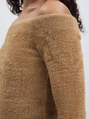 Good American Off-shoulder Plush Knit Top - Caramel