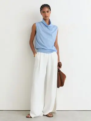 REISS Wool Funnel-neck Sleeveless Knit Top - Light Blue