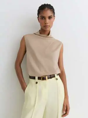 REISS Wool Funnel-neck Sleeveless Knit Top - Neutral