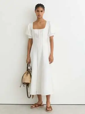 REISS Linen Puff-sleeve Embroidered Midi Dress - Ivory