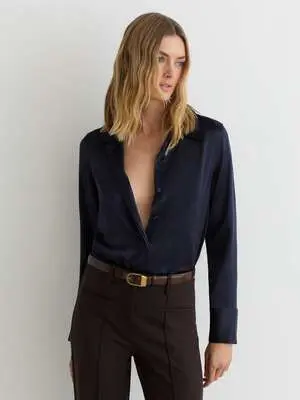 REISS Silk-satin Concealed-placket Shirt - Navy