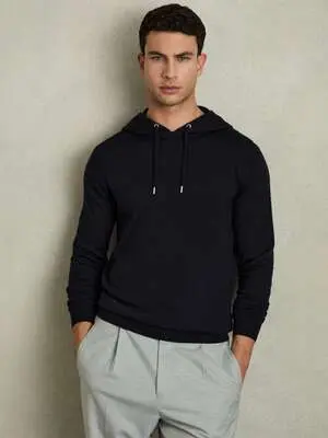 REISS Merino Wool Drawstring Hoodie - Navy