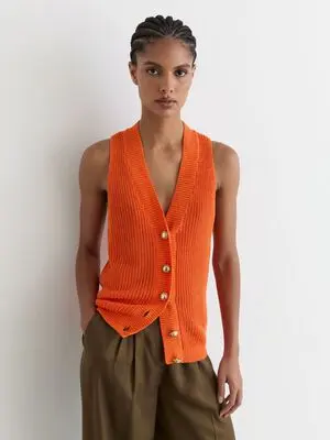 REISS Linen Button-through Knitted Waistcoat