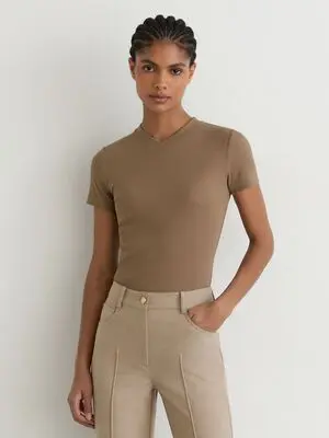 REISS Cotton-stretch High V-neck T-shirt - Camel
