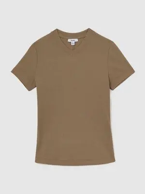 REISS Cotton-stretch High V-neck T-shirt - Camel
