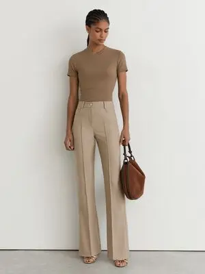 REISS Cotton-stretch High V-neck T-shirt - Camel