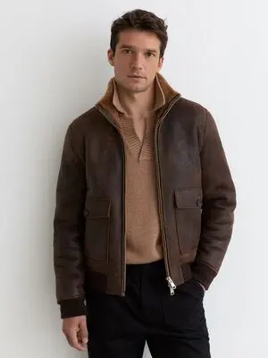 REISS Shearling Zip-through Jacket - Brown