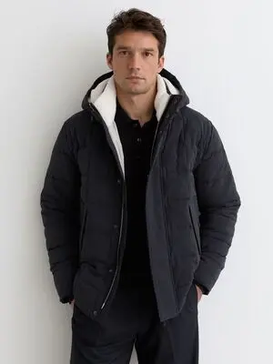 REISS Klause Fleece-lined Hooded Puffer Jacket - Navy