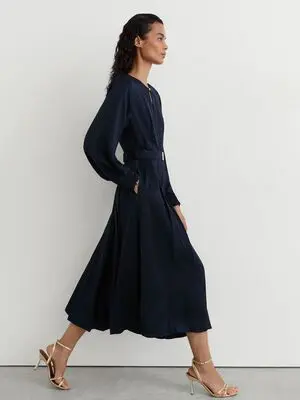 REISS Houndstooth-check Belted Midi Dress - Navy