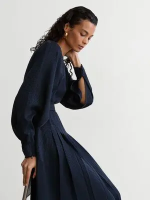 REISS Houndstooth-check Belted Midi Dress