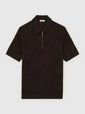 REISS Cotton-blend Chevron-knit Half-zip Polo Shirt - Chocolate Brown
