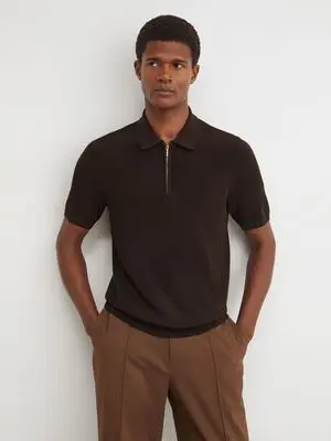 REISS Cotton-blend Chevron-knit Half-zip Polo Shirt - Chocolate Brown