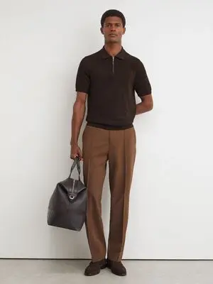 REISS Cotton-blend Chevron-knit Half-zip Polo Shirt - Chocolate Brown