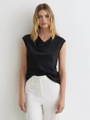 REISS Silk Cowl-neck Sleeveless Top - Black
