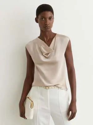 REISS Silk Cowl-neck Sleeveless Top - Champagne Neutral