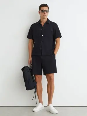 REISS Textured Piped Short-sleeve Shirt - Navy
