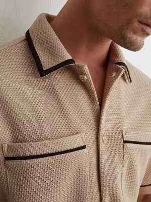 REISS Textured Piped Short-sleeve Shirt - Stone