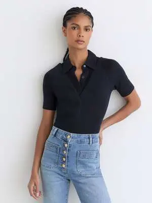 REISS Collar-insert Jersey-knit Top With Wool - Navy