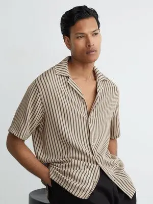 REISS Stone & Grey Textured Stripe Cuban-collar Shirt - Stone/grey