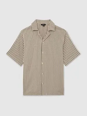 REISS Stone & Grey Textured Stripe Cuban-collar Shirt