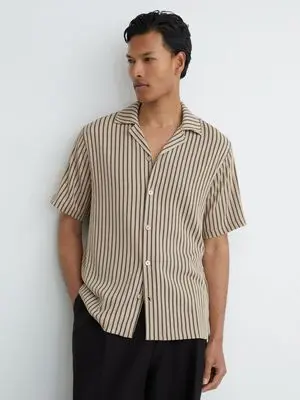 REISS Stone & Grey Textured Stripe Cuban-collar Shirt
