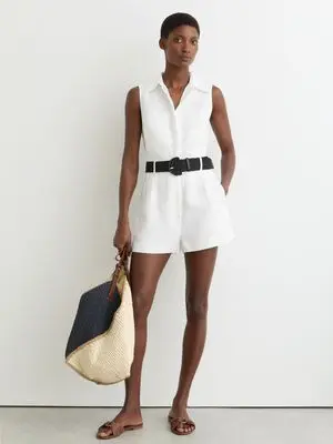REISS Linen Sleeveless Belted Playsuit - Ivory