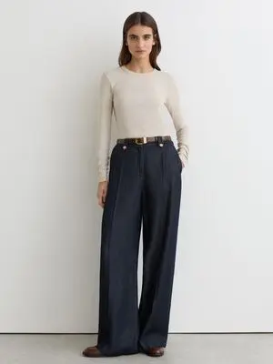 REISS Lyocell Topstitched Wide-leg Trousers - Indigo
