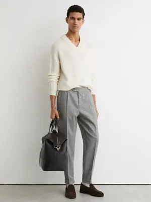 REISS Wool-blend Check Tapered Trousers - Grey