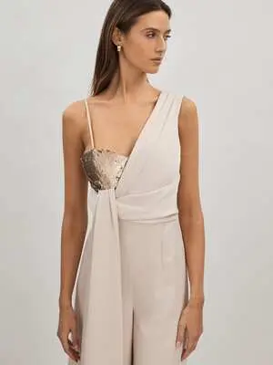Halston Satin Sequin Wide Leg Jumpsuit - Beige