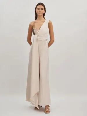 Halston Satin Sequin Wide Leg Jumpsuit