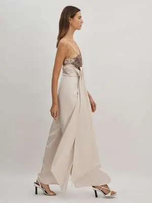 Halston Satin Sequin Wide Leg Jumpsuit