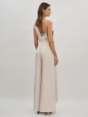 Halston Satin Sequin Wide Leg Jumpsuit