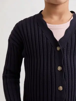 REISS 9-13 Yrs Rib-knit Pointelle Cardigan - Navy