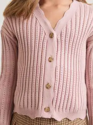 REISS 9-13 Yrs Rib-knit Pointelle Cardigan - Pink