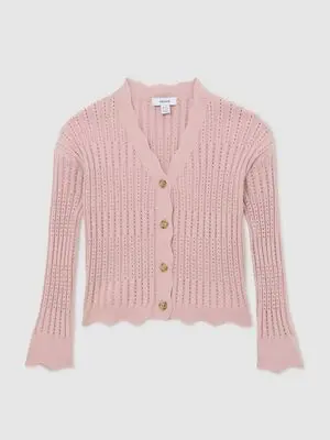 REISS 9-13 Yrs Rib-knit Pointelle Cardigan - Pink