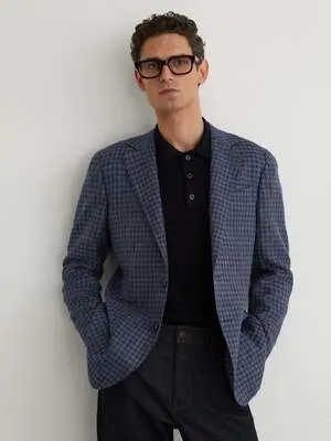 REISS Wool-blend Single-breasted Check Blazer With Linen - Navy