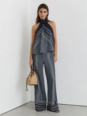 REISS Petite Scarf-print Wide-leg Trousers - Navy