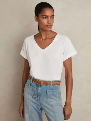 REISS Brushed-cotton V-neck T-shirt - White