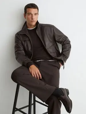 REISS Leather Oversized Funnel-neck Jacket - Bordeaux