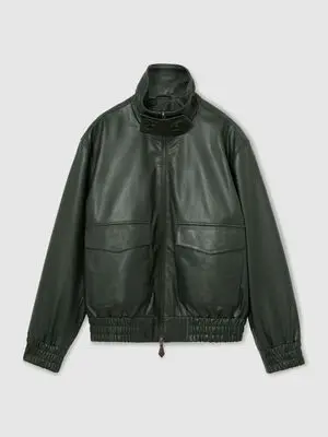 REISS Leather Oversized Funnel-neck Jacket - Dark Green