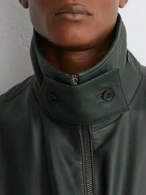 REISS Leather Oversized Funnel-neck Jacket - Dark Green