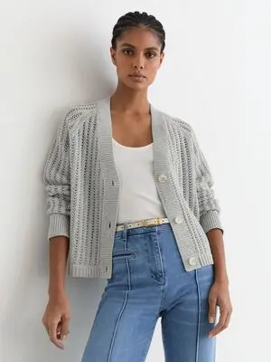 REISS Cotton-blend Open-knit Cardigan - Silver Grey
