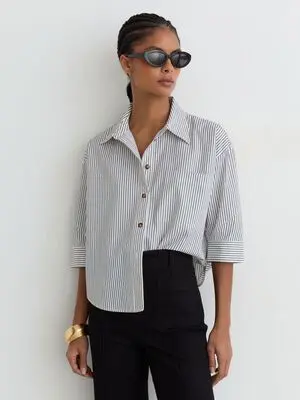 REISS Cotton Striped Cropped Shirt - Ivory/blue