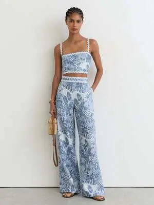 REISS Linen Wave-trim Wide-leg Trousers - Blue