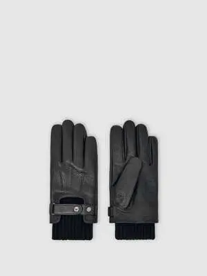 REISS Leather Ribbed-cuff Gloves - Black