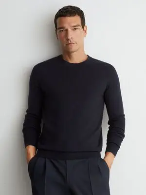 REISS Merino Wool Crew-neck Jumper Navy